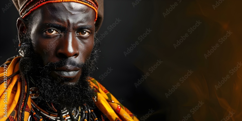 African man wearing cape and tribal jewelry with long dark beard ...