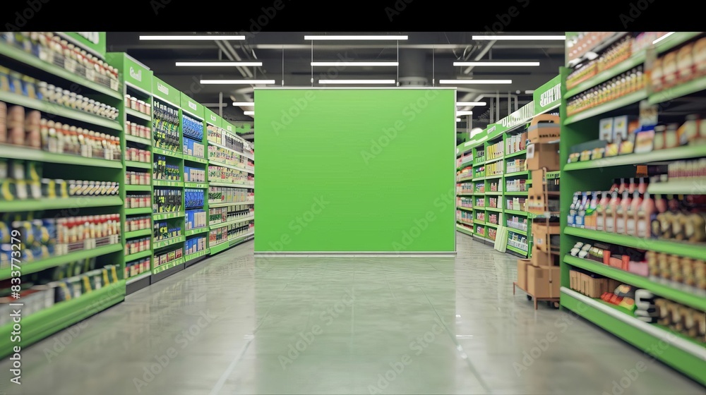 Retail Shelf Mockup Focus on a retail shelf banner with a green screen ...