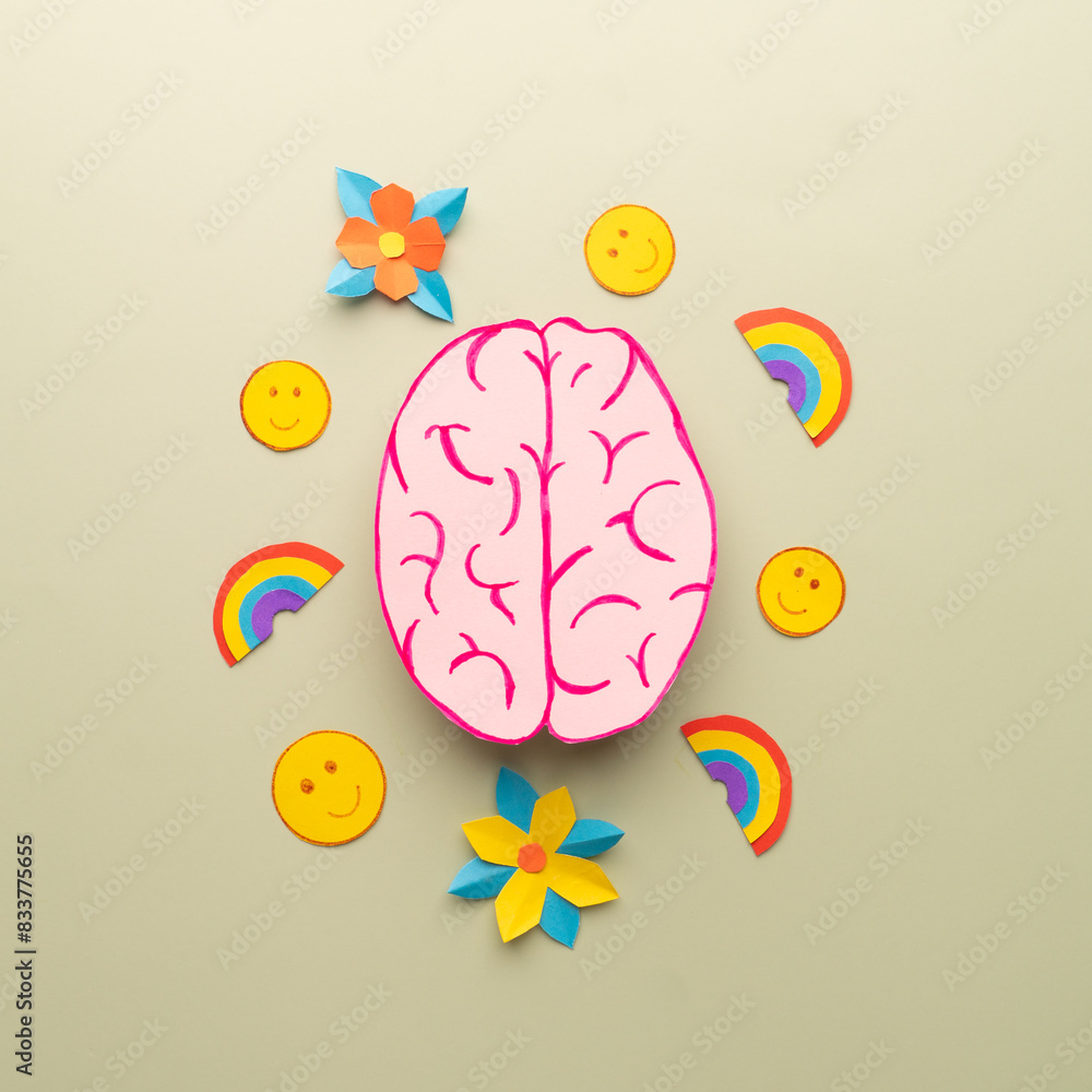 Flat layout of human brain anatomy with smile emoji, flower and rainbow ...