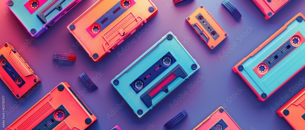 vibrant collection of retro cassette tapes in neon hues spread across a ...