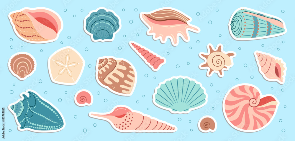 Cute sea shells sticker set. Trendy flat style seashell collection ...