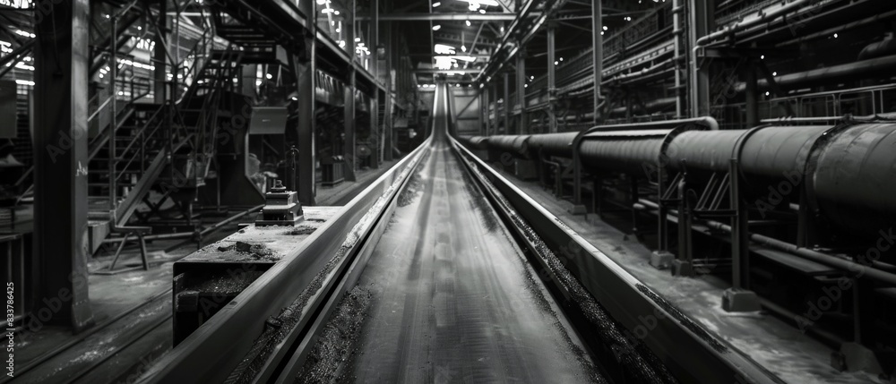 Conveyor belt for moving materials fromThe photo shows an empty factory ...