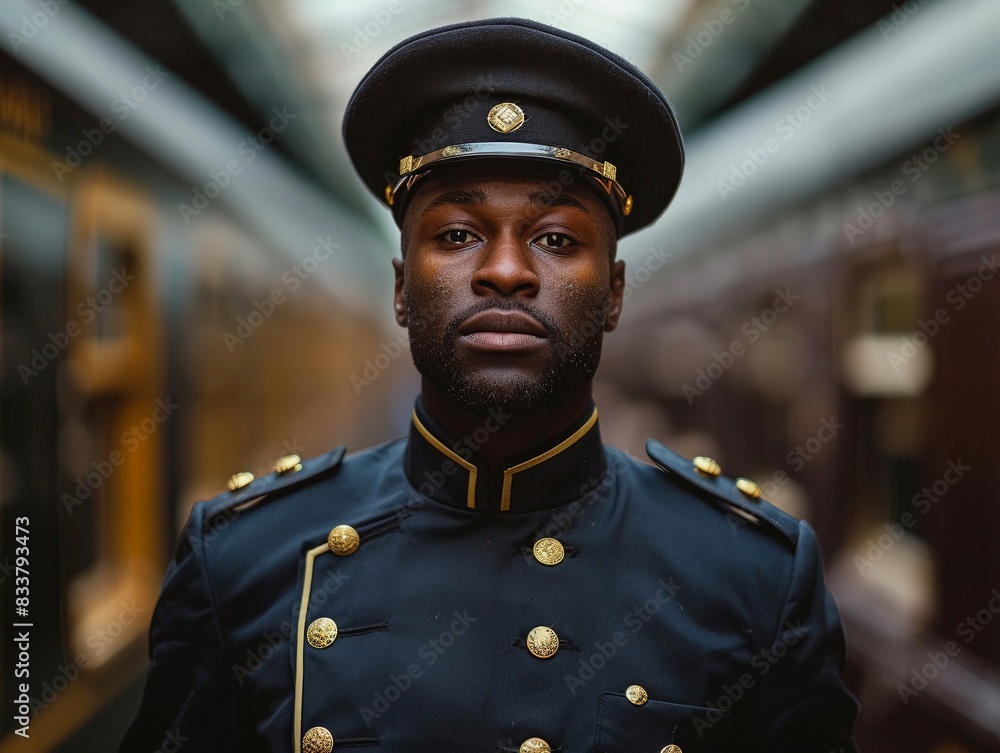Afro train conductor, traditional uniform, at the station, historic ...