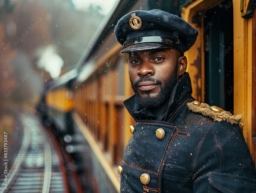 Afro train conductor, traditional uniform, at the station, historic ...