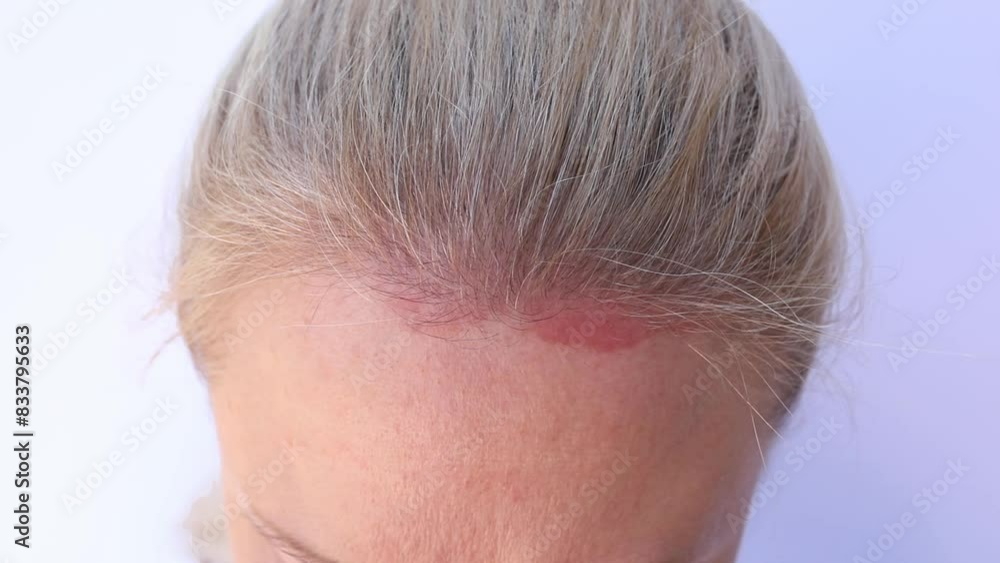 Solar Erythema. Closeup Sunburn Skin On Scalp, Forehead Under Hair By ...