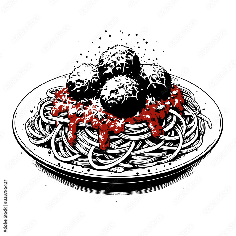 A monochrome illustration of a plate of spaghetti with meatballs ...