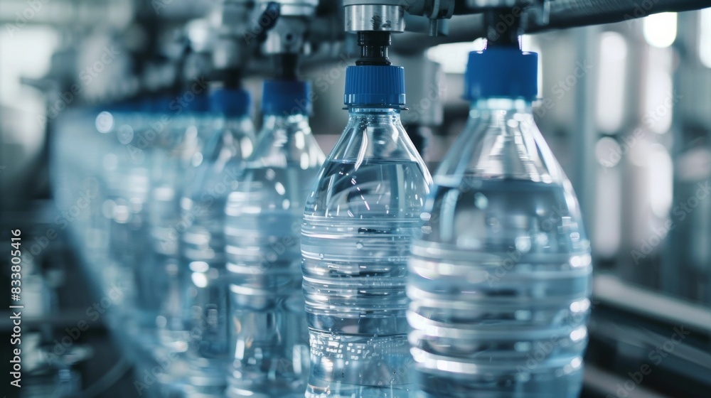 "Bottling plant assembly line with multiple clear plastic bottles being ...