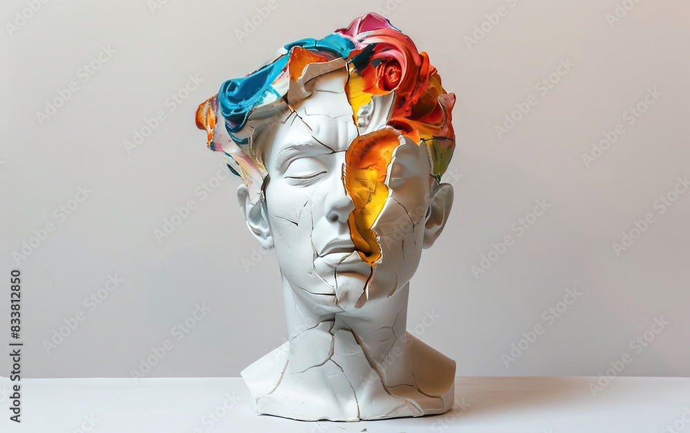 Design a realistic sculpture of a conventional bust cracking open to ...