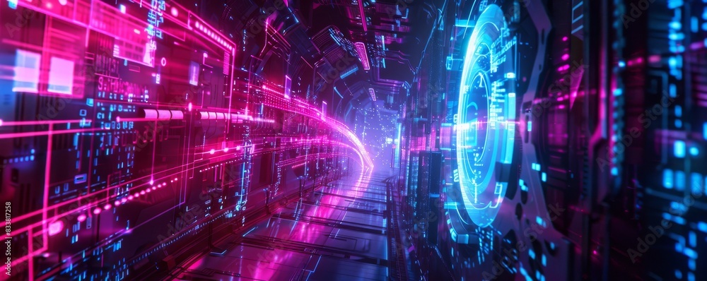 Illustrate a dynamic cyber-physical system with neon lights and ...