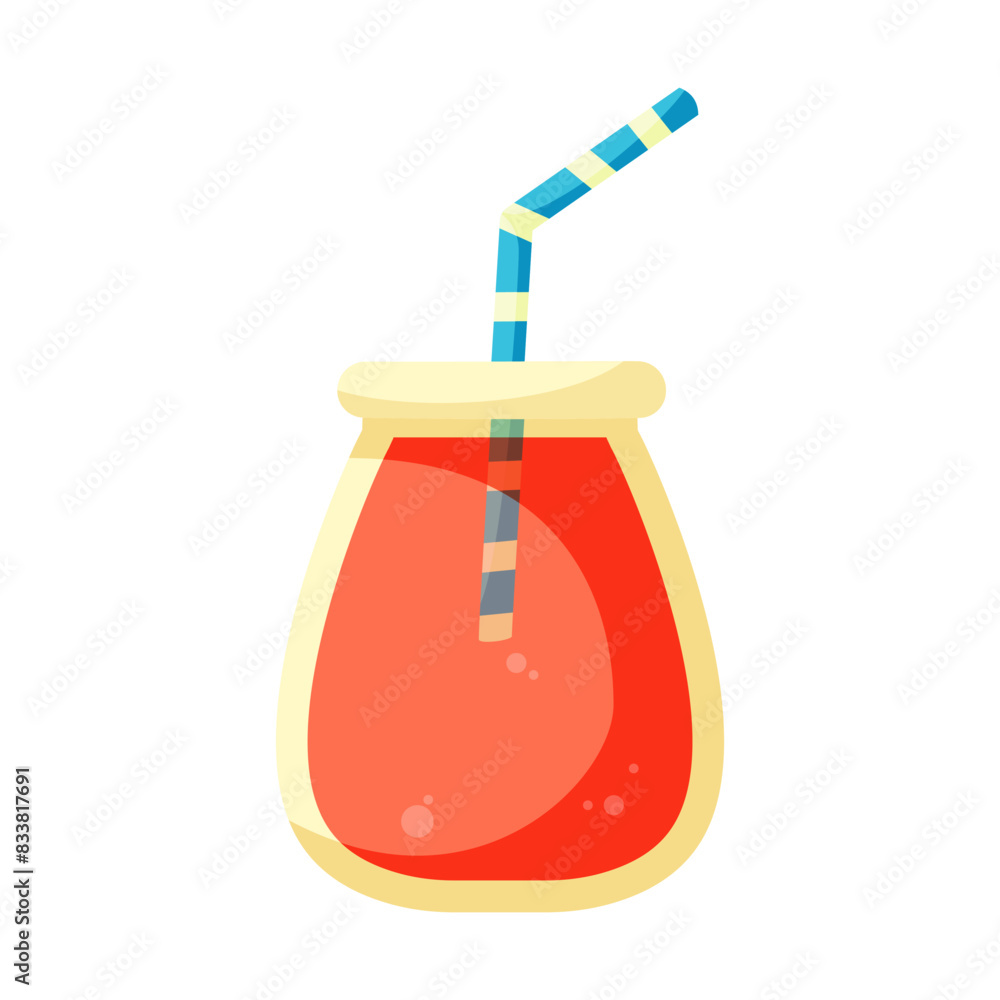 Cartoon red cocktail in glass with stripped straw. Strawberry lemonade ...