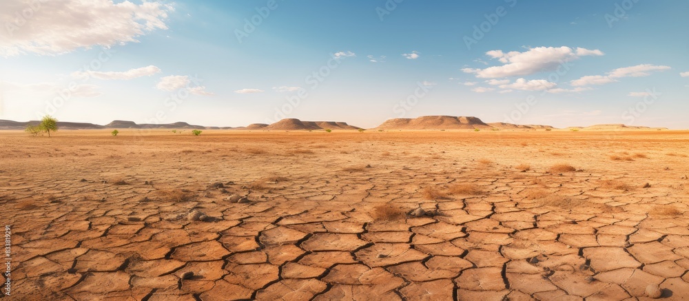 Baked soil under the scorching sun creates an arid terrain with a lack ...
