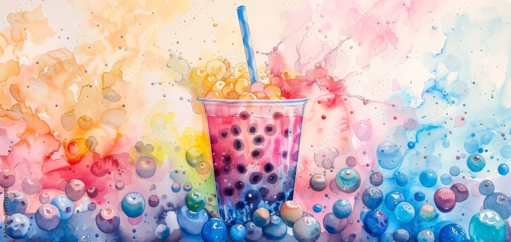 Illustrate a whimsical boba tea cup floating in a sea of colorful ...
