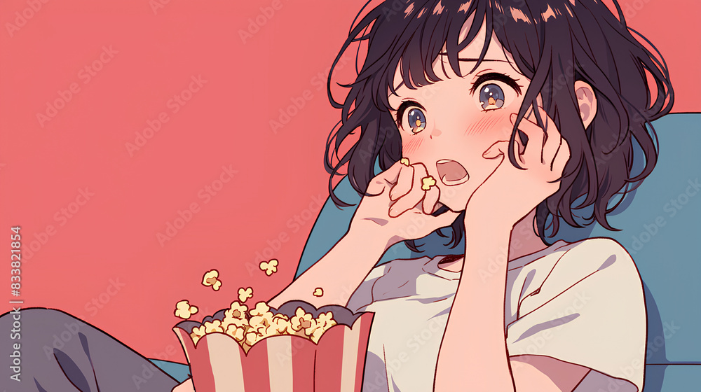 Surprised anime girl watching a movie while carrying popcorn Stock ...