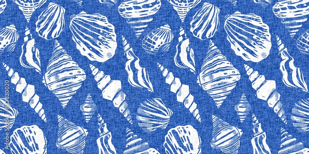 Azure blue white shell motif with linen seamless batik border ...