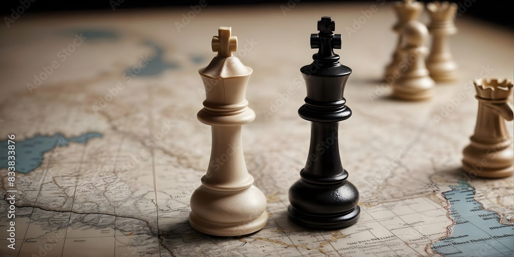 Two chess pieces on a world map representing geopolitical discussion ...