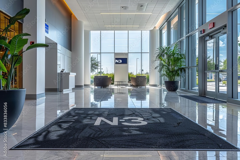 A clean and modern office lobby with a large entrance mat featuring the ...