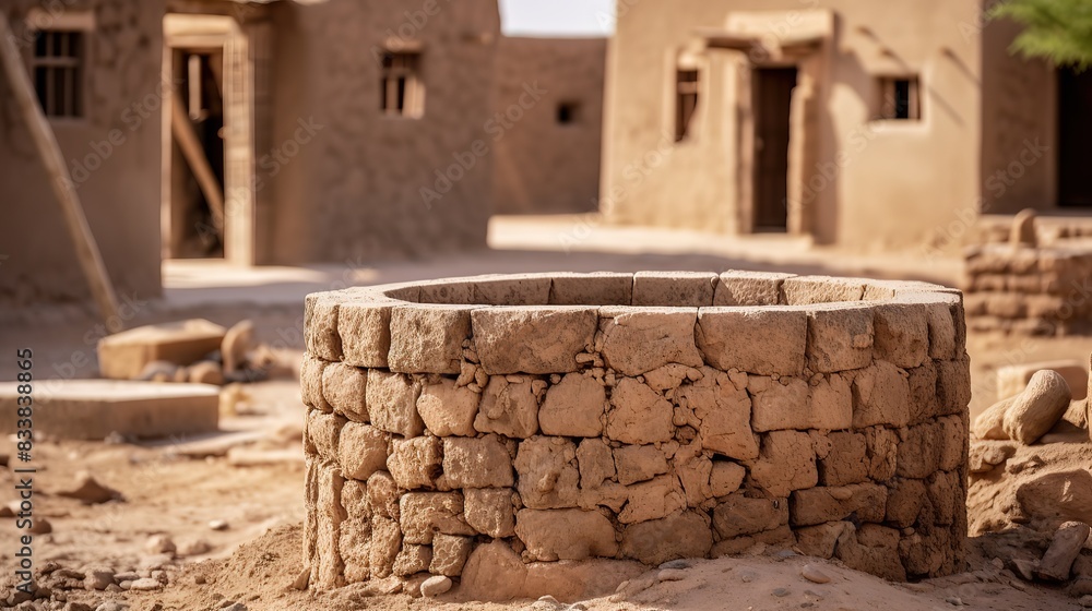 Deep wells built in ancient clay style, traditional water wells made of ...