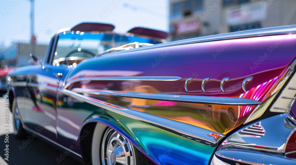 12. An elegant classic car with subtle Pride-themed accents, displayed at a vintage car show ...