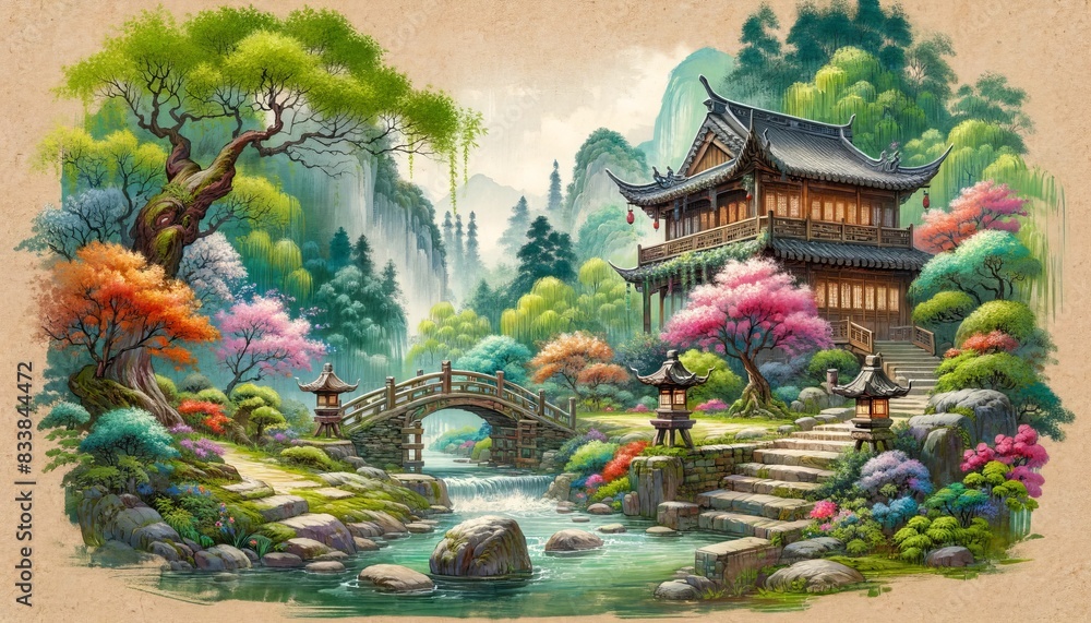 A painting inspired by Chinese brush art, illustrating an ancient tea ...