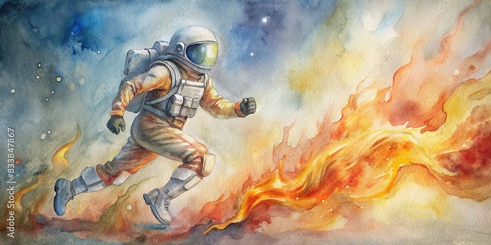 Astronaut running through flames in space suit watercolor painting ...