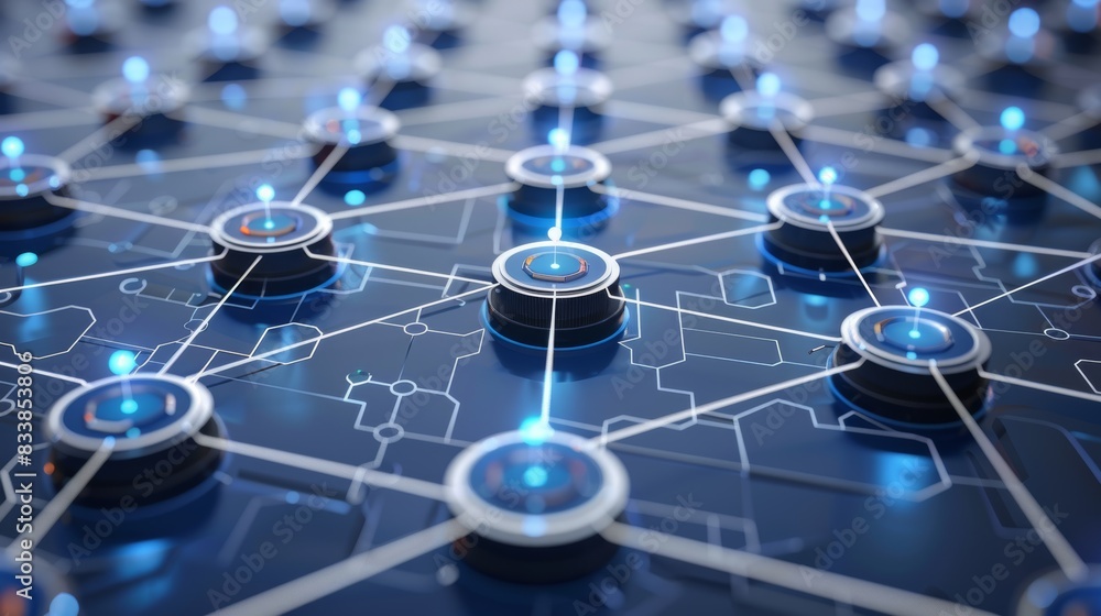 A conceptual 3D illustration of a network map, with nodes representing ...