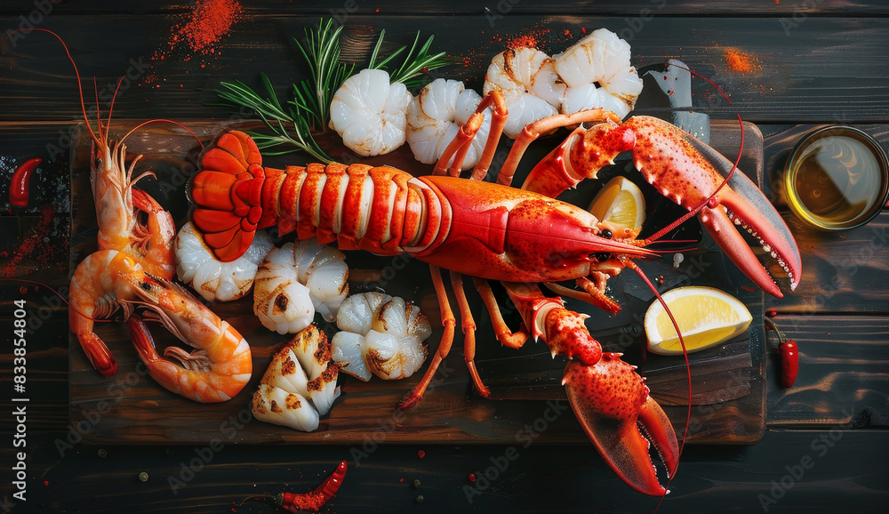 Shellfish plate of crustacean seafood with fresh lobster, mussels ...