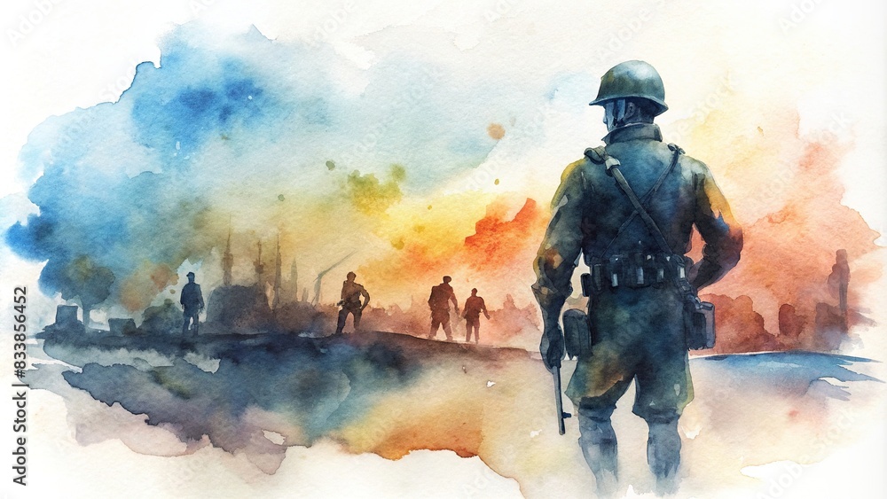 Silhouette of soldier and battlefield isolated on white background ...