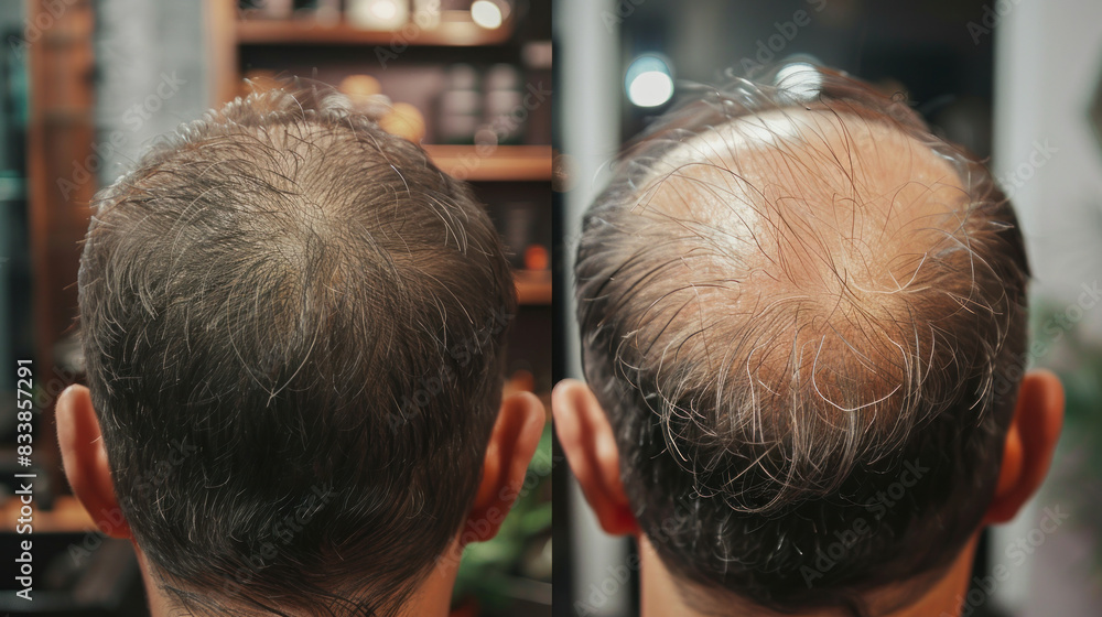 Man's hair before and after hair treatment. Before, he was losing hair ...