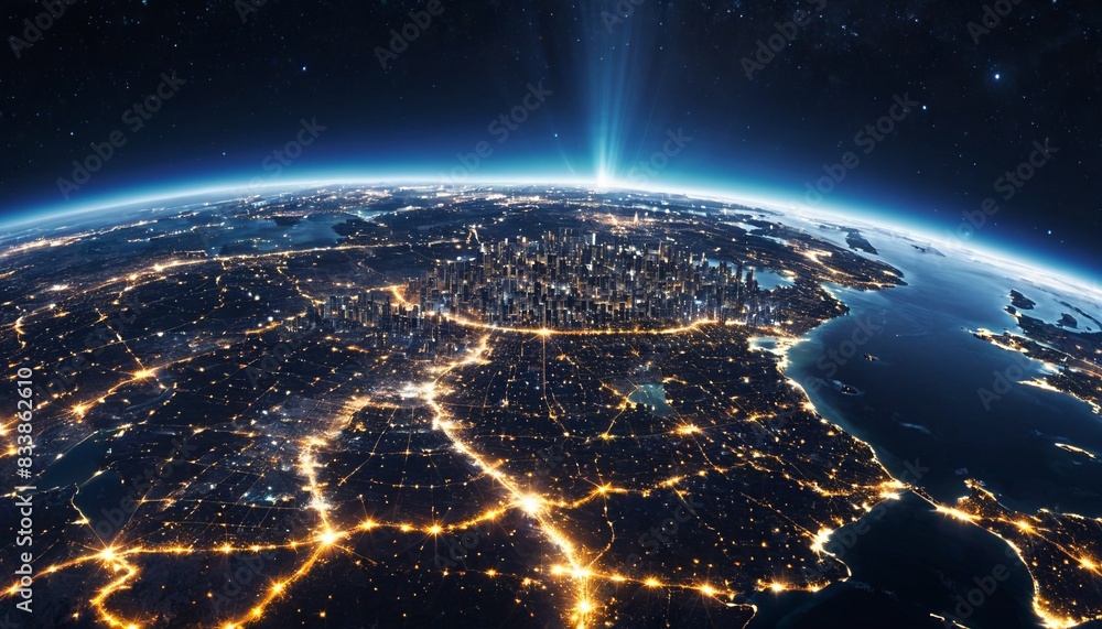 The earth is seen from space with the sun rising. Globe with a ...
