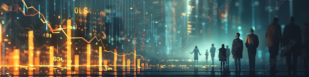 A futuristic bar graph with a dramatic, glowing spike showing a sharp ...