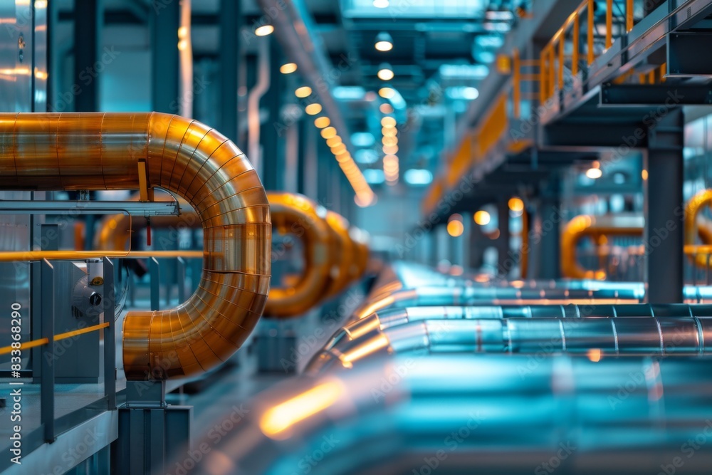 Array of industrial pipes in factory energy facility power plant sewage ...