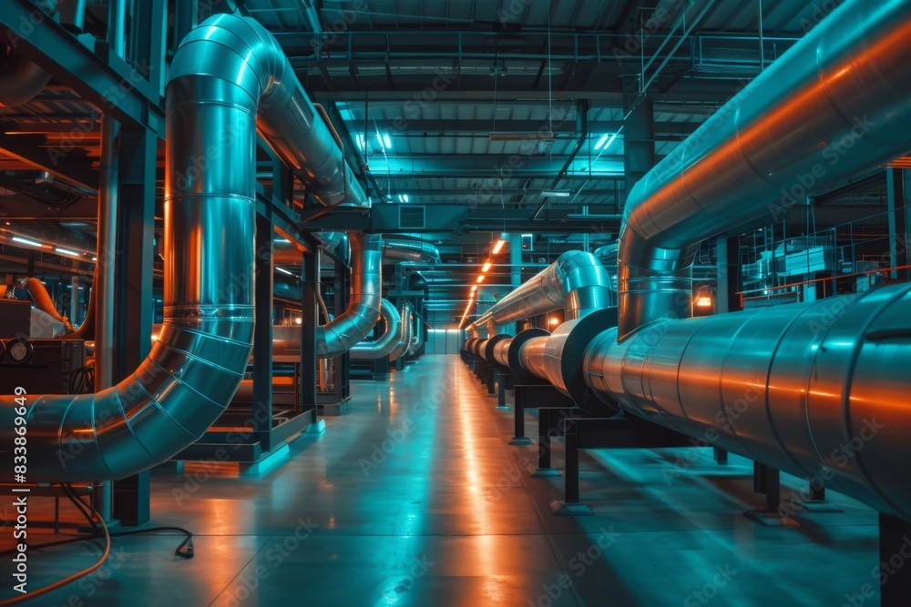 Array of industrial pipes in factory energy facility power plant sewage ...