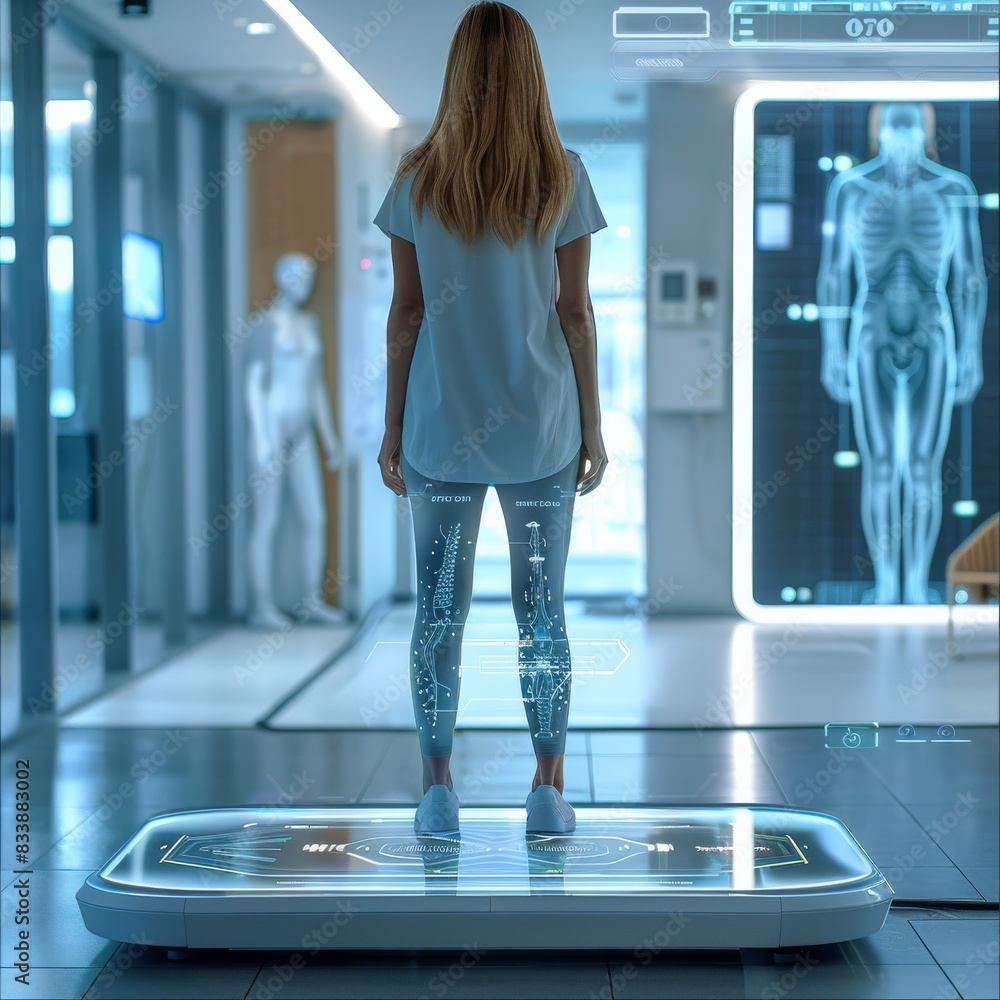 A woman standing on a human Weighing Scale showing a full body scan on ...