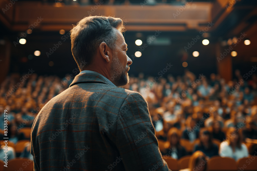 Confident speaker addressing large audience. A perfect image for ...