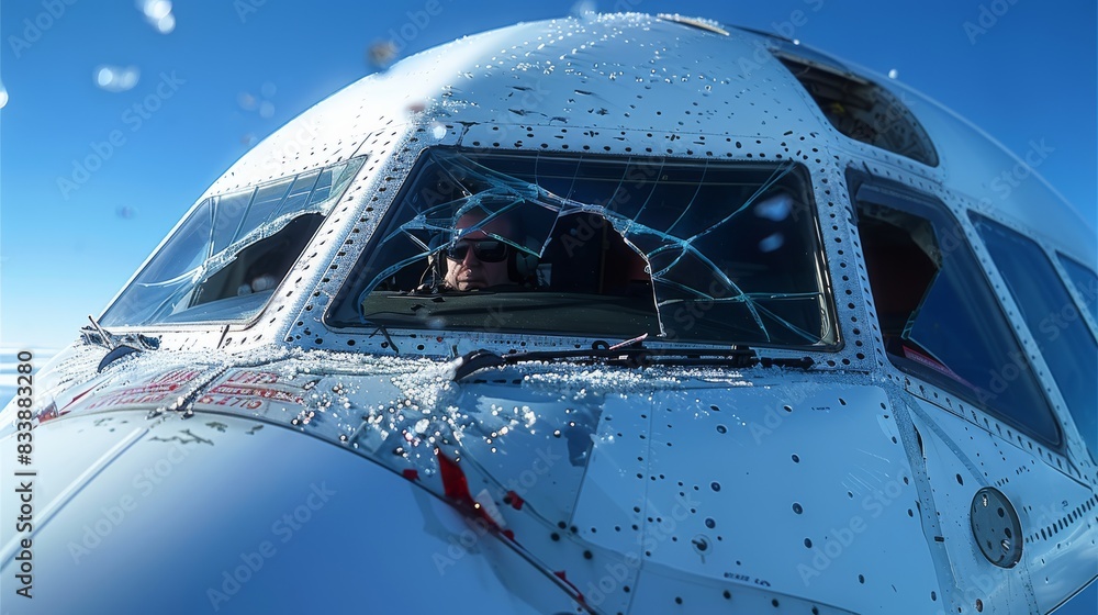 An exterior view of a passenger airplane in mid-flight with a broken ...