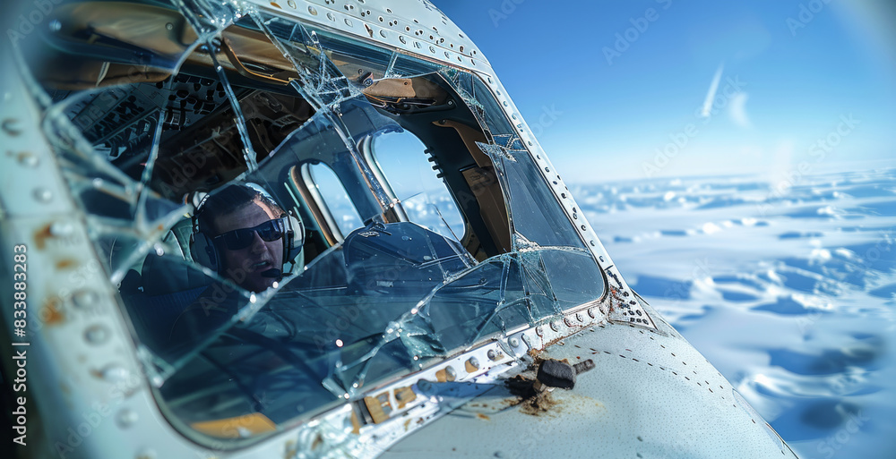 An exterior view of a passenger airplane in mid-flight with a broken ...
