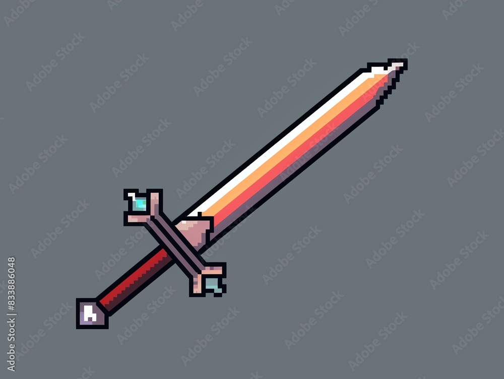 A pixel art image of a sword with a red handle and a rainbow blade. The ...