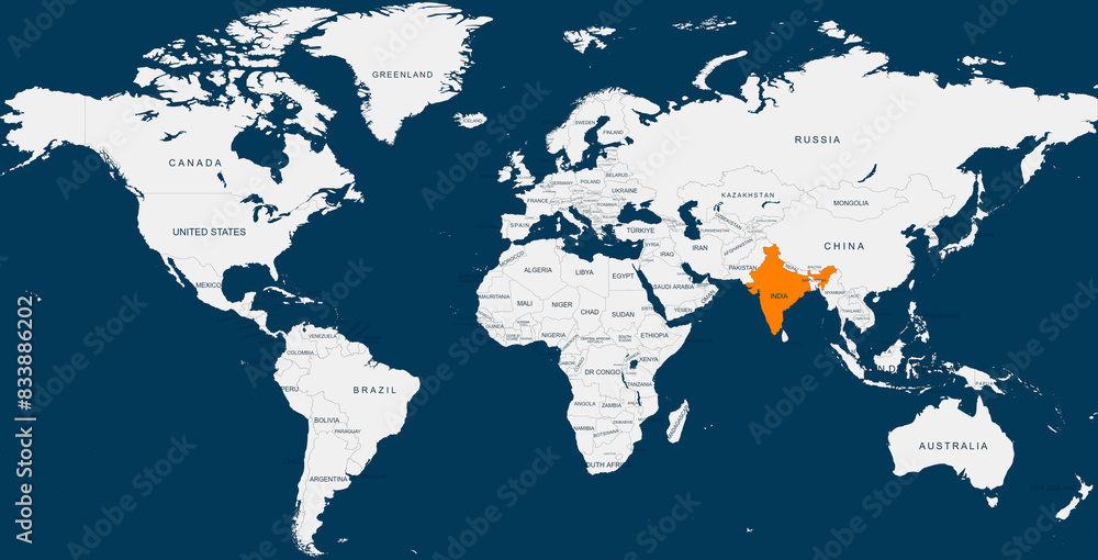 india map.Geographical map of india with world map highlighted. Stock ...