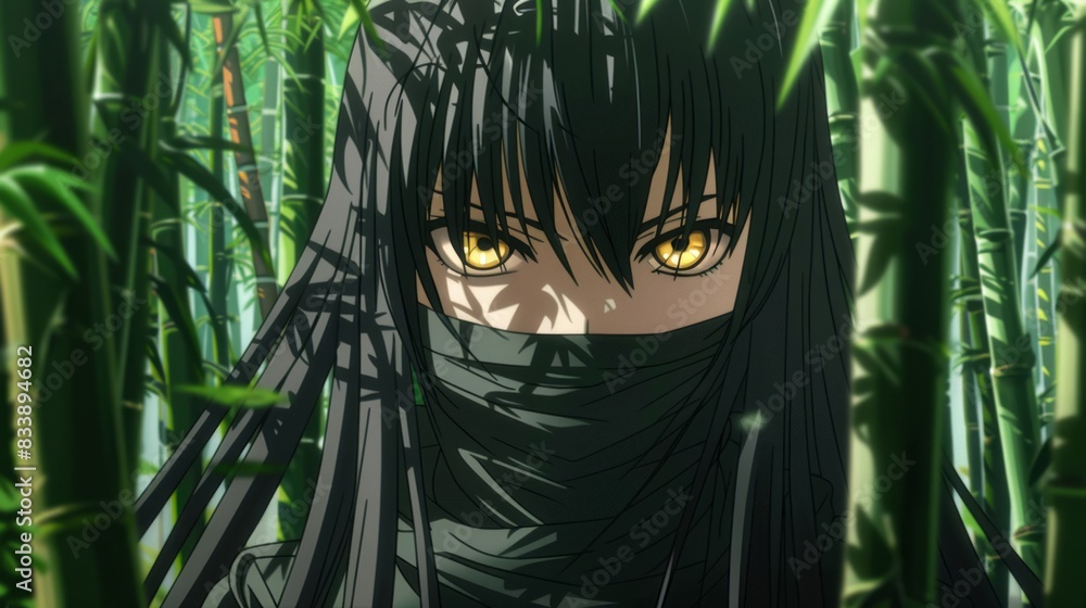 Ninja warrior in bamboo forest. A digital art illustration of a female ...