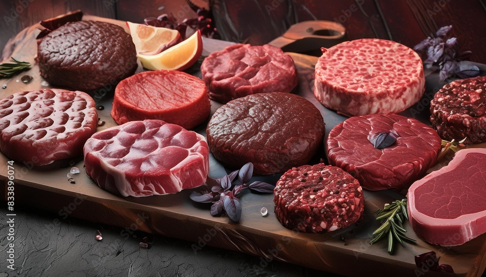 Foto de variety of raw cuts of meat dry aged beef steaks and hamburger ...