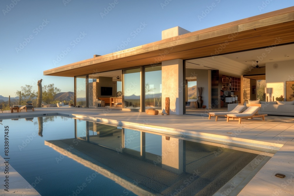 A contemporary desert house with a low profile, wide eaves for shade ...