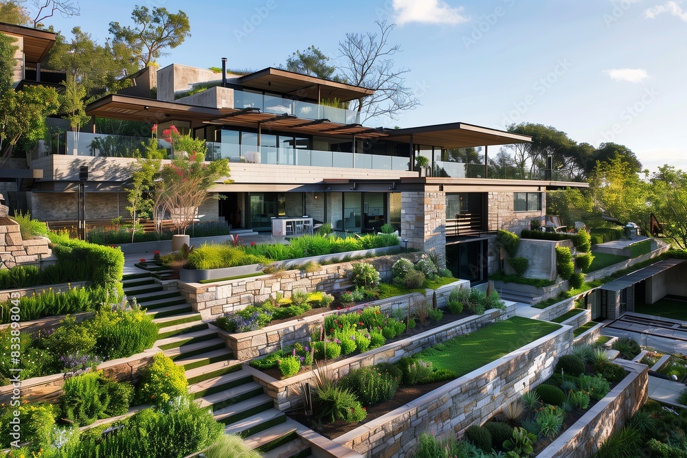 A contemporary hillside home with terraced gardens, a multi-level ...