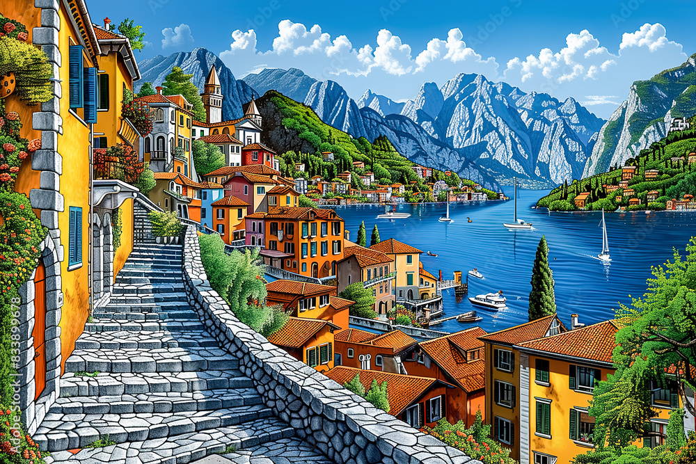 Colorful cartoon illustration of a small town. The sky, sea ...