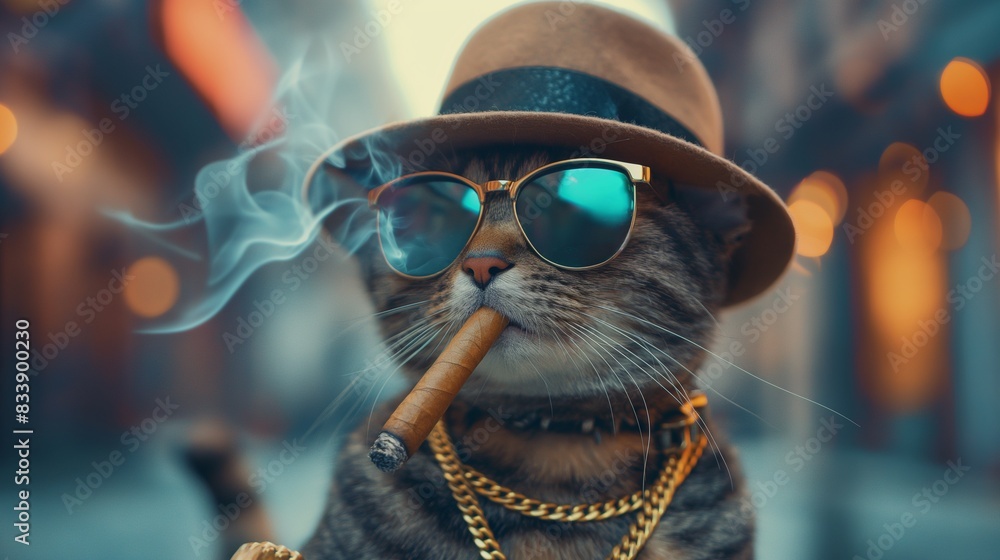 Funny gangster cat with hat, sunglasses and Cuban chain, smoking a ...
