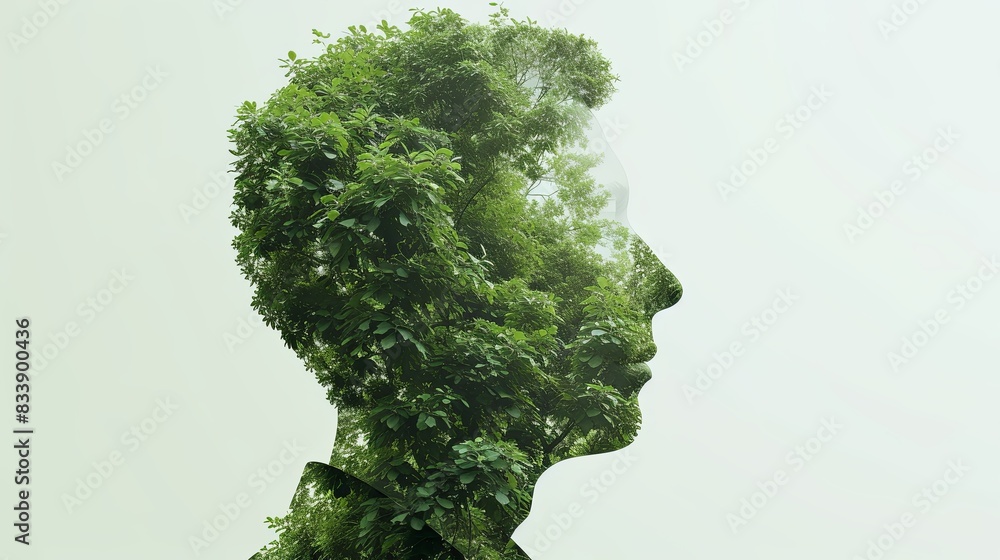 Double exposure combines face and forest. The concept of the unity of ...