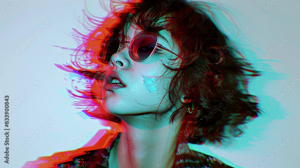 The woman's face is blurred, giving it a distorted look. Photorealistic ...