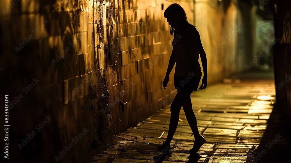 Silhouette of a young woman walking home alone at night on empty street ...