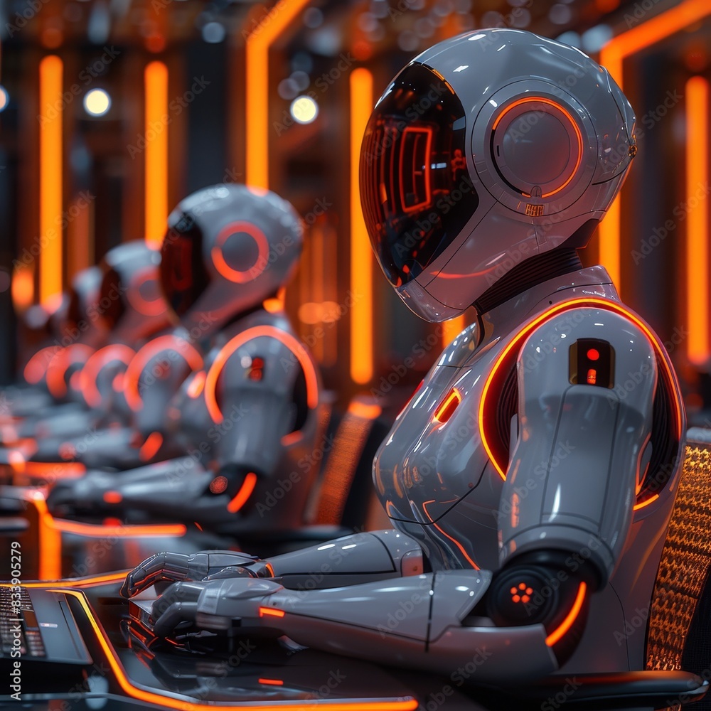 A futuristic customer service center with AI chatbots handling ...