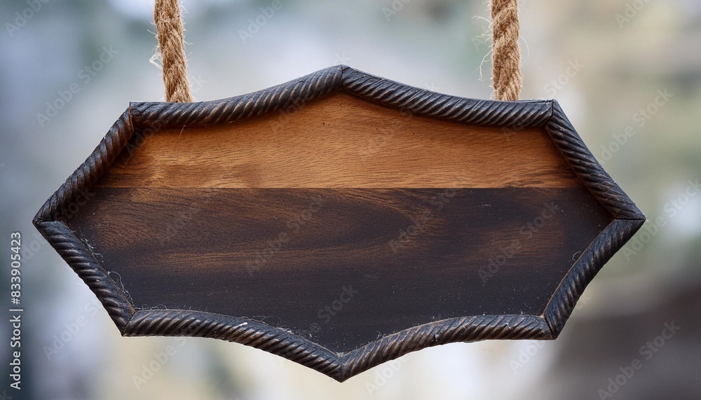 empty hanging wooden dark sign board with ropes isolated on transparent ...