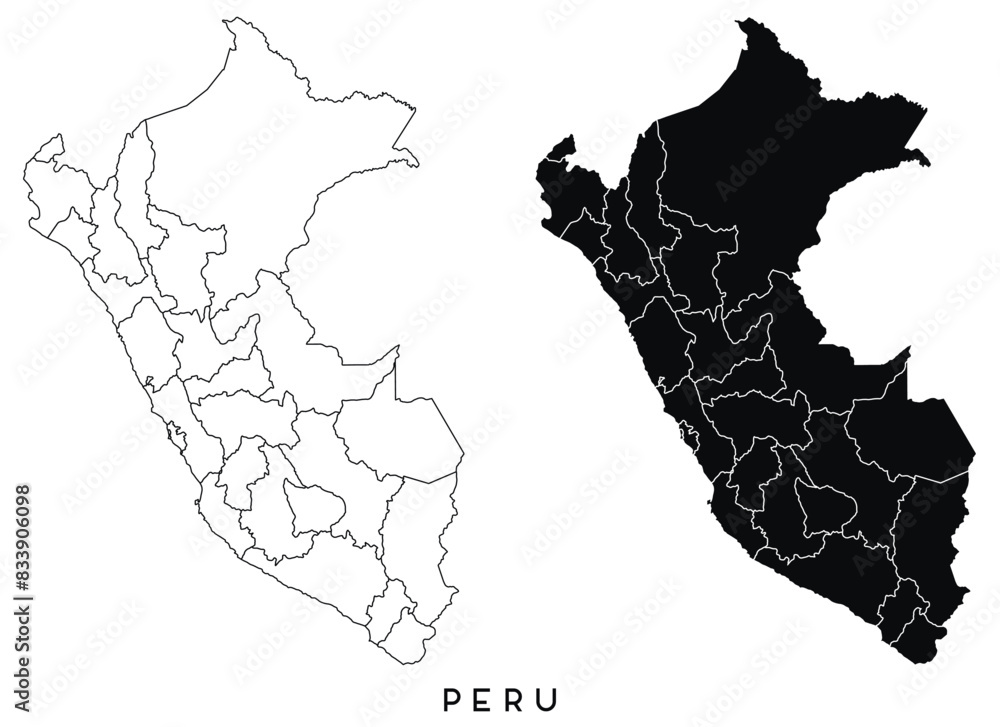 Peru map of city regions districts vector black on white and outline เวกเตอร์สต็อก | Adobe Stock